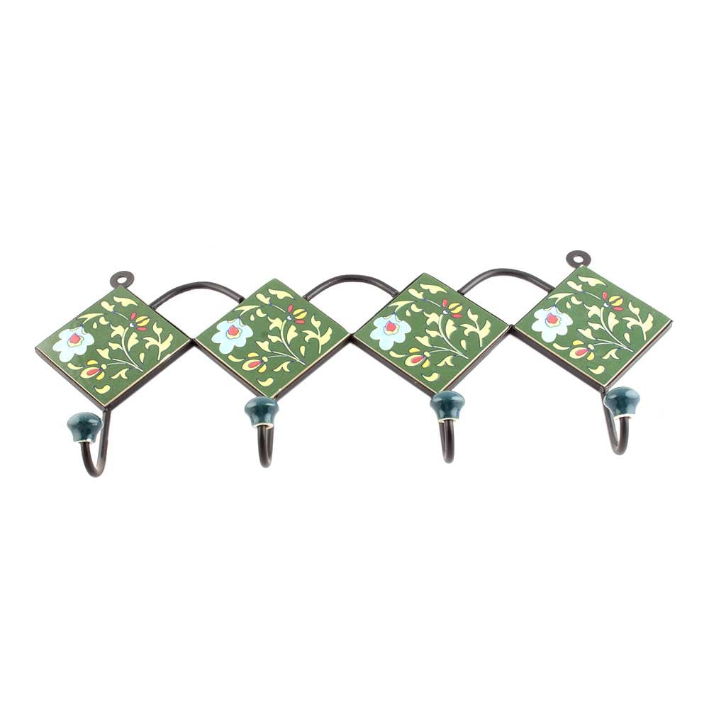 Forest Green And White Tiny Flower Ceramic Tiles Hooks