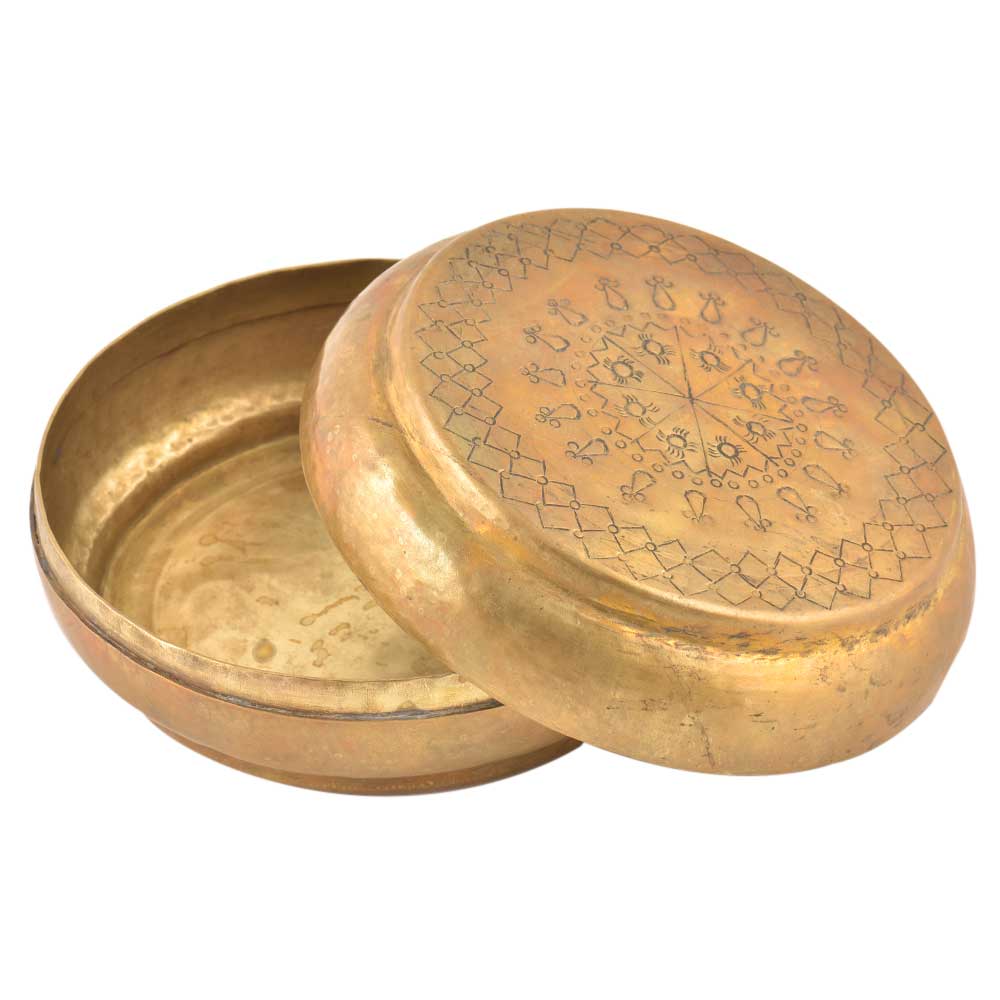 Round Brass Roti Box With Engraved Lid