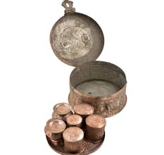 Indian Embossed Design Copper Paandaan Or Betal Nut Box With Lock Handle