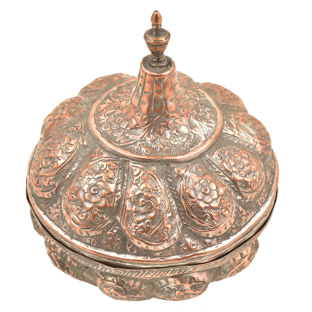 Copper Candy Bowl Repousse Flower and Vine Design Dish With Dome Lid