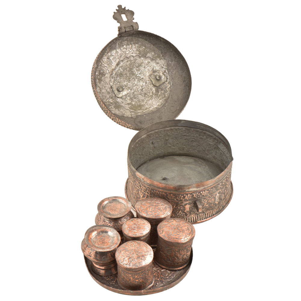 Indian Embossed Design Copper Paandaan Or Betal Nut Box With Lock Handle