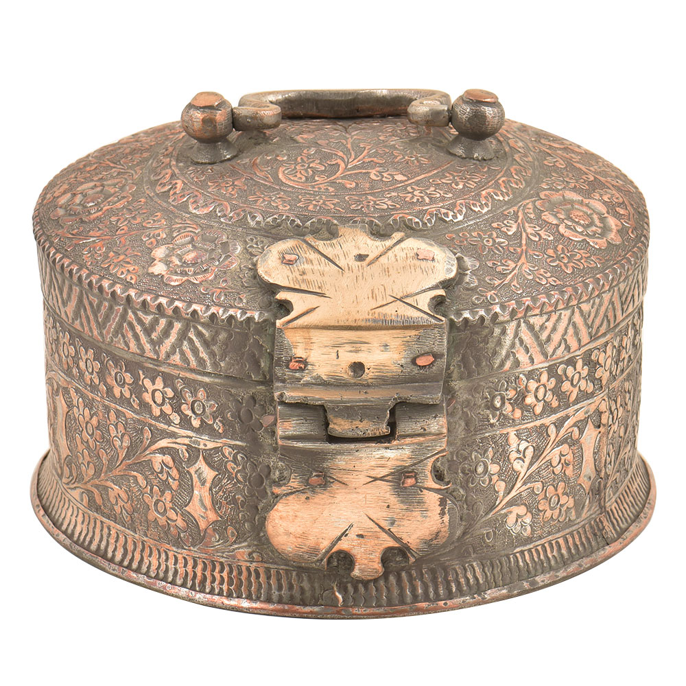 Indian Embossed Design Copper Paandaan Or Betal Nut Box With Lock Handle