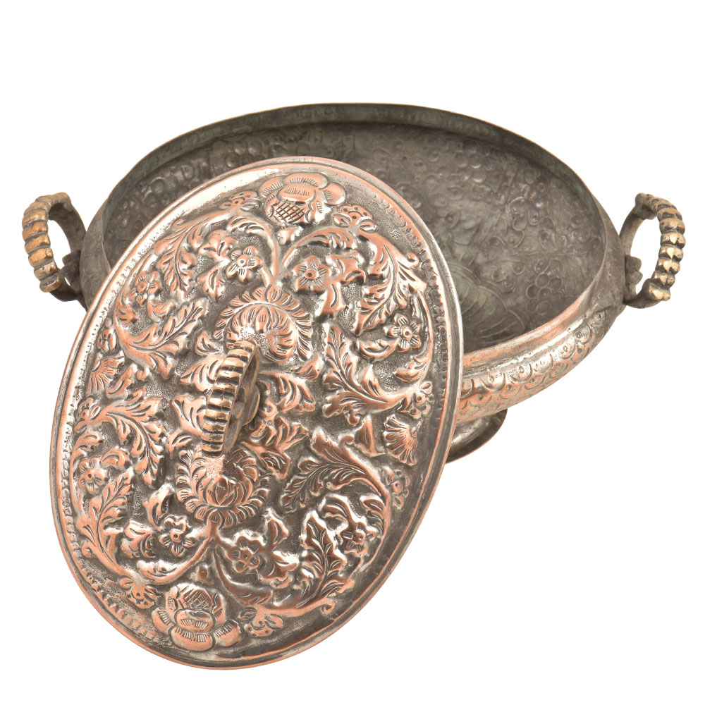 Engraved Leaf Kashmiri Copper Rice Bowl With Lid And Handles