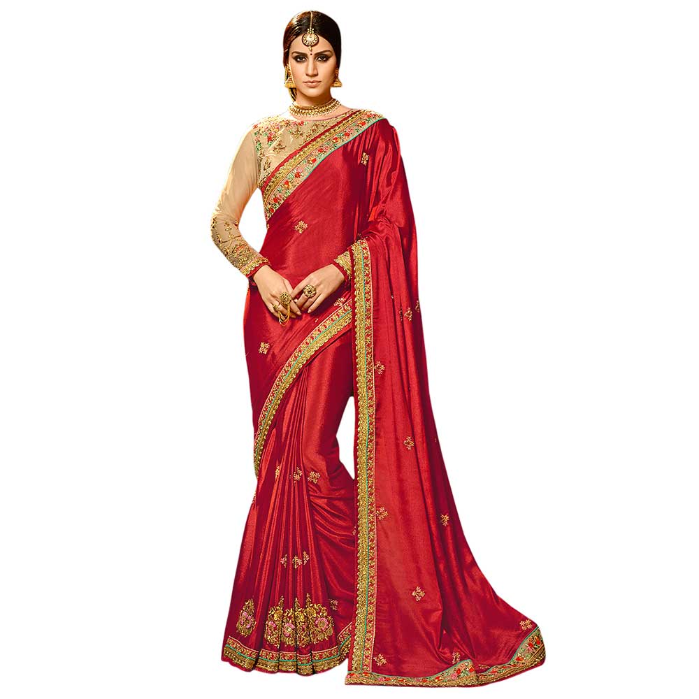 RedÂ Embroidered Heavy Designer Paper Silk Saree