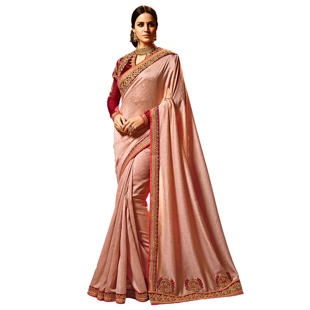 Rose Gold Paper Silk Saree with Embriodered Maroon Blouse Piece