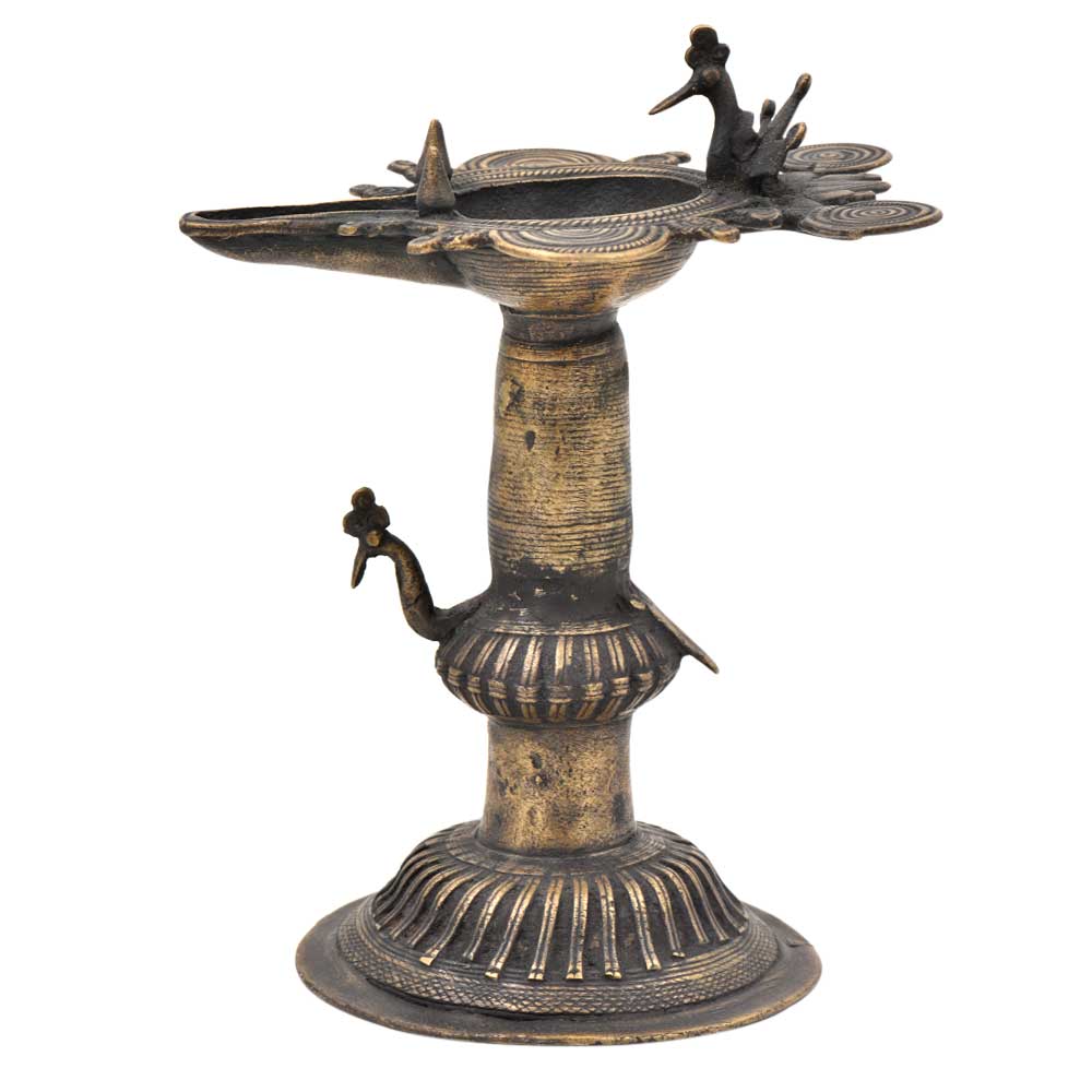 Brass Dhokra oil Lamp/ Samai With Engraved Design And Peacock Figurines