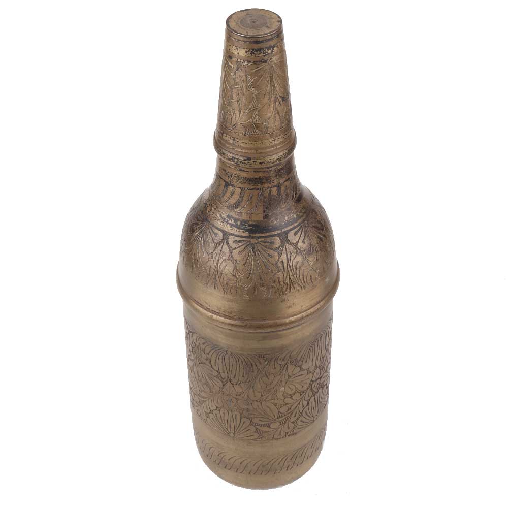 Brass Water Bottle With Engraved Leaves Design And Patina