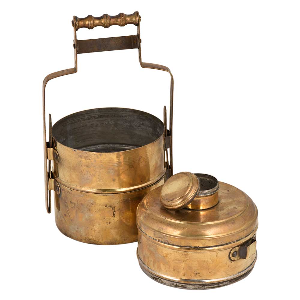Brass Tiffin Box With Three Containers Small Box Decorative Metal Handle