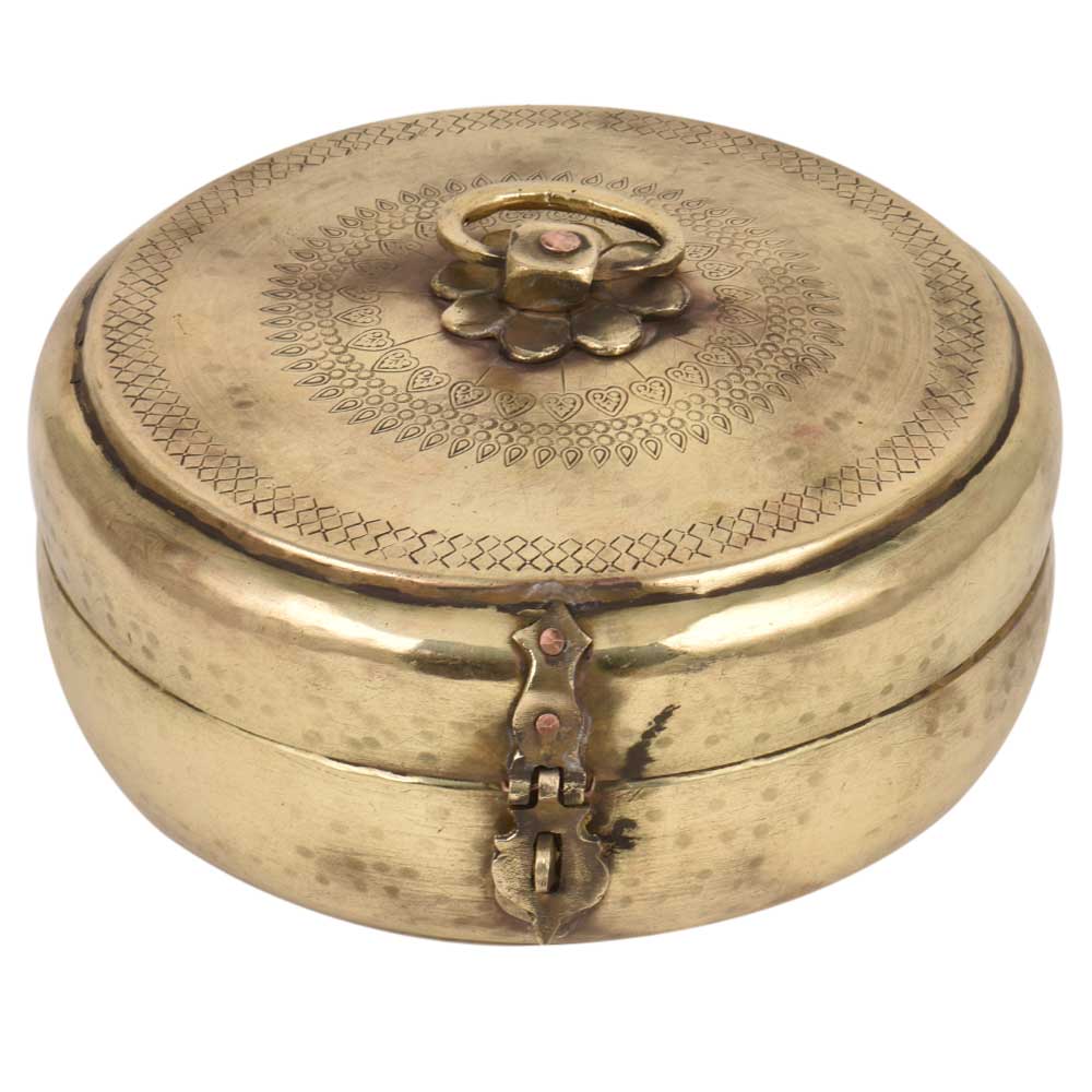 Traditional Round Tiffin Box With Engraved Design And A Latch