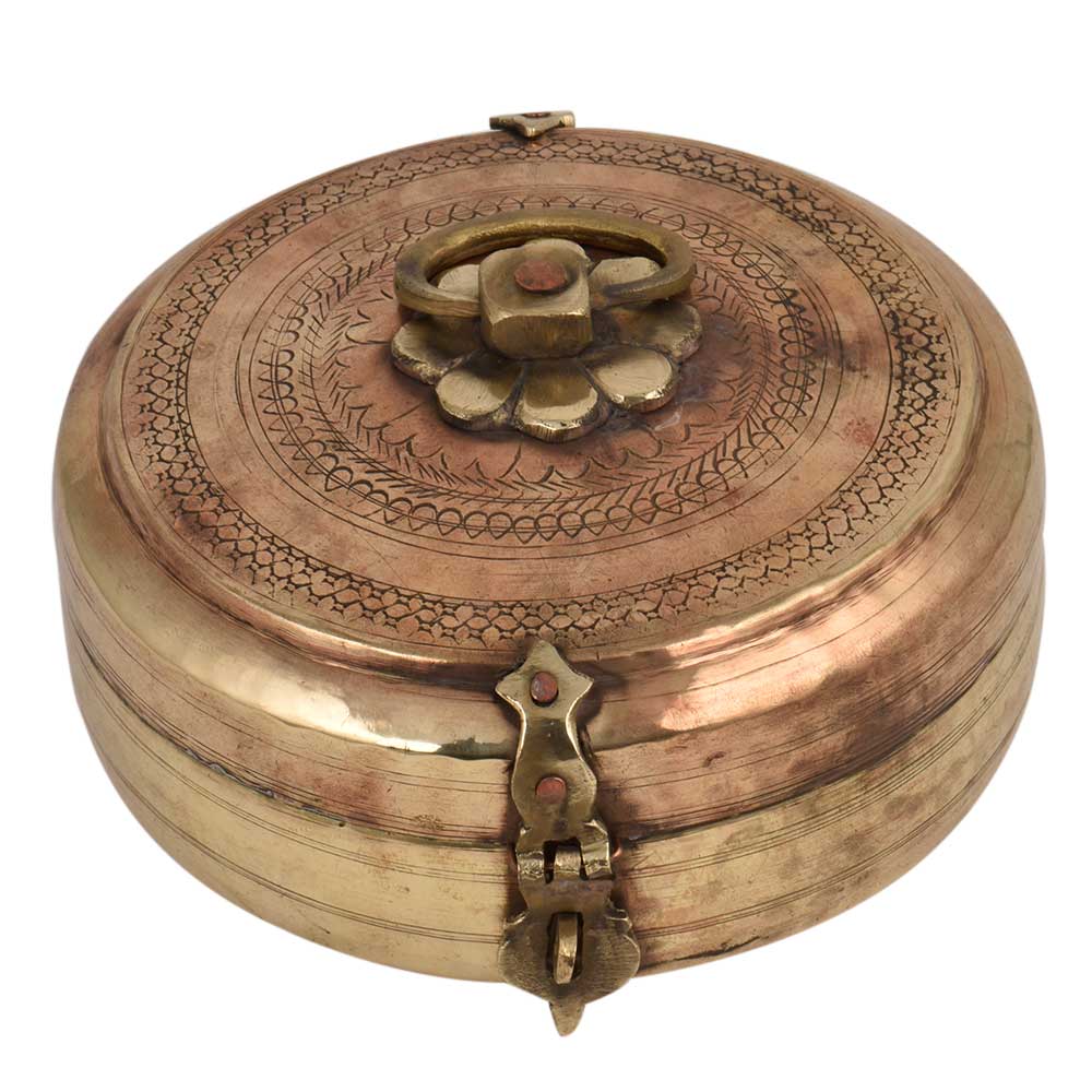 Round brass Tiffin Box With Fine Engraved Design With Latch And ...