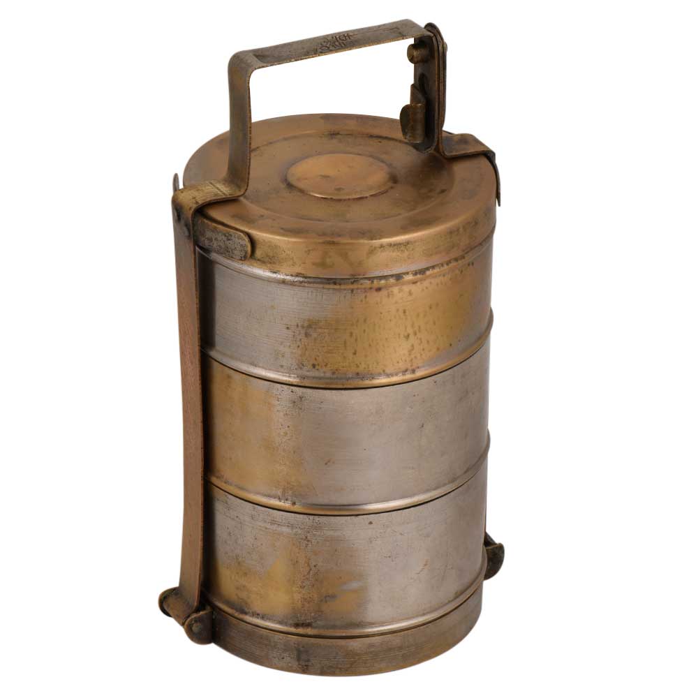 Simple Brass Three Tier Tiffin Box With A Thick Metal Frame And Lock