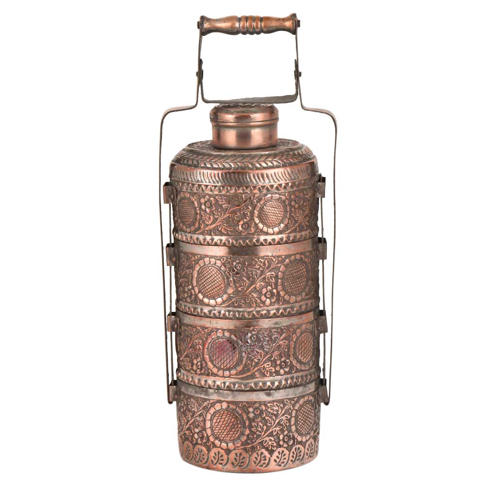 Copper Tiffin Box Three containers With Big Flower And Leaves Engraved ...