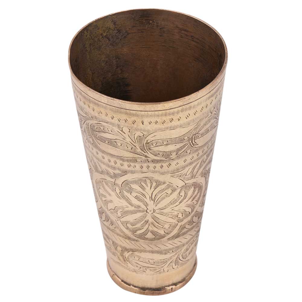 Brass lassi Glass Cup Engraved With a Big Flower And Long Leaves