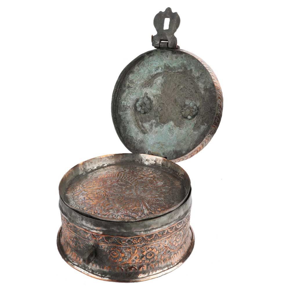Copper Carved Paan Daan Box With 6 Containers Big Handle And Latch
