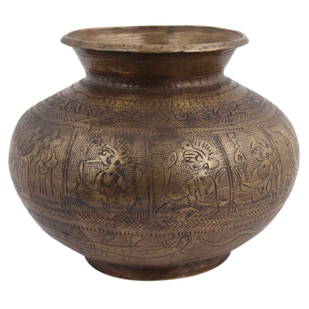 Engraved God Brass Ceremonial Pot Or Lota
