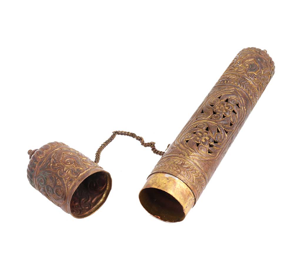 Copper And Brass Carved Cylindrical Scroll Case Message