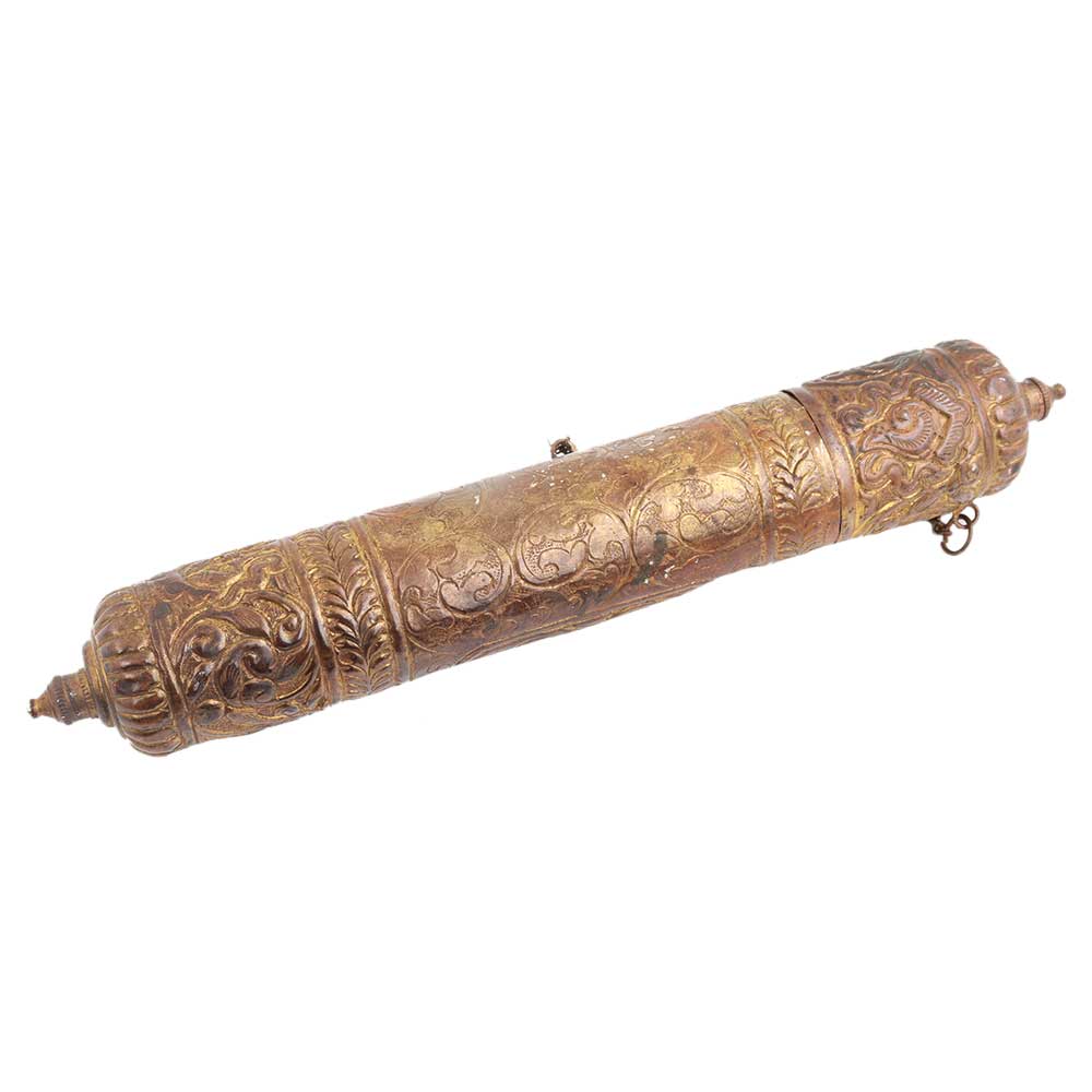 Copper And Brass Carved Cylindrical Scroll Case Message