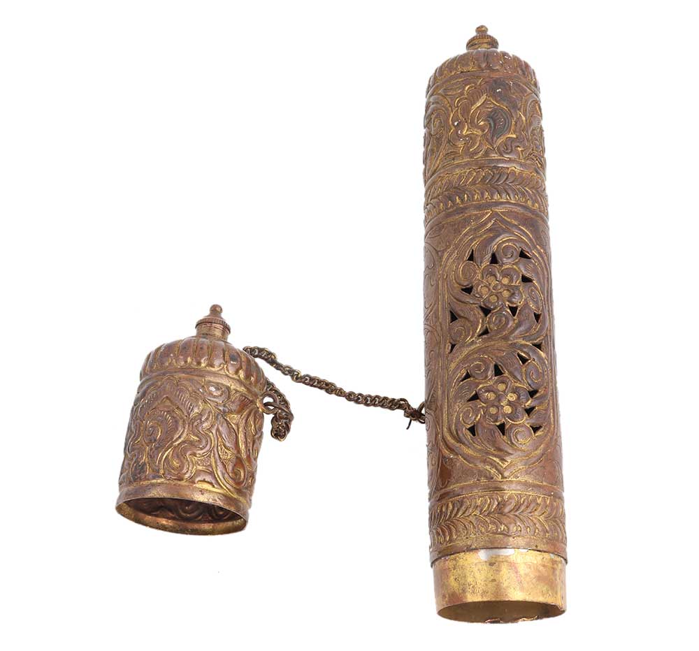 Copper And Brass Carved Cylindrical Scroll Case Message