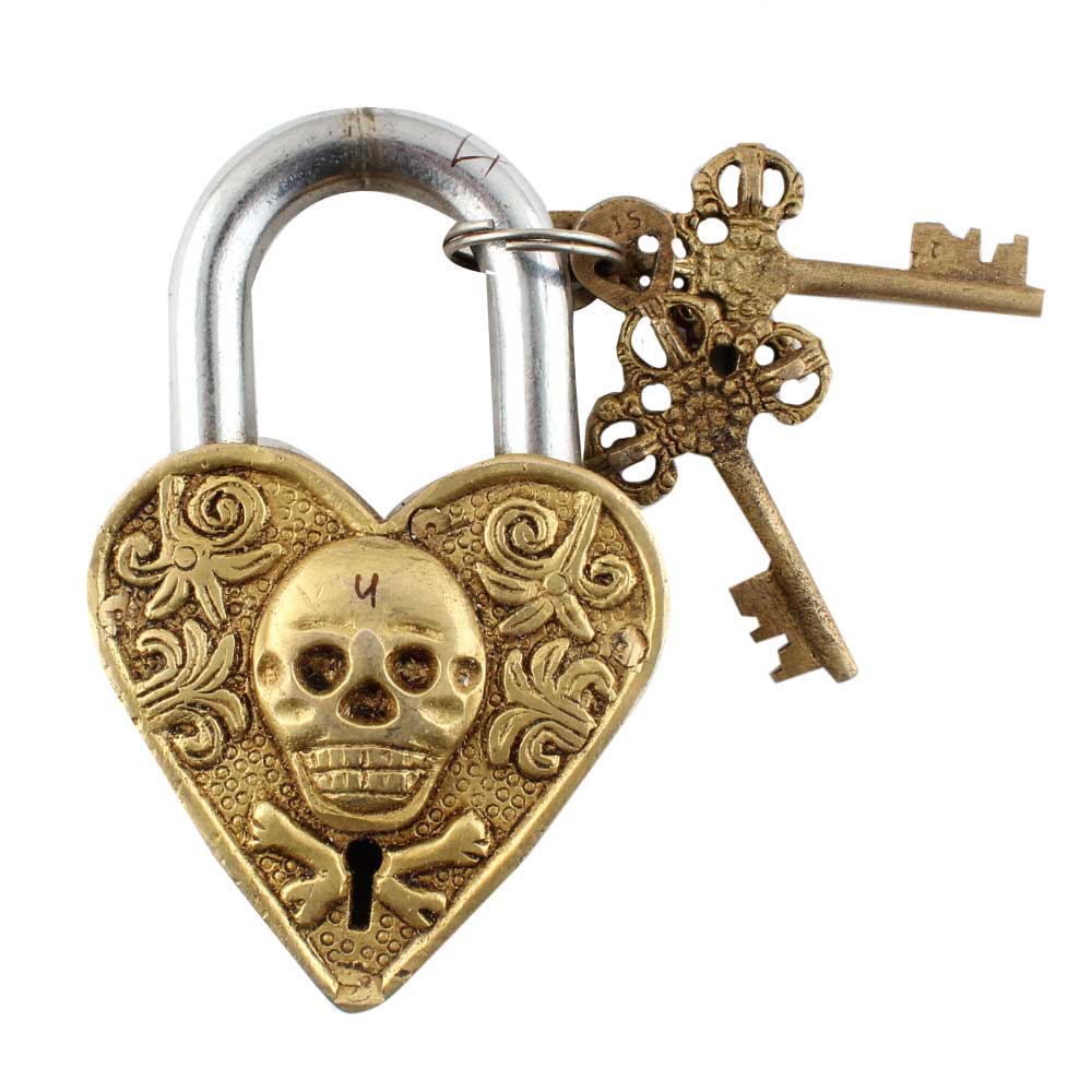 Brass Skull Face Heart Shaped Lock With Skeleton Keys
