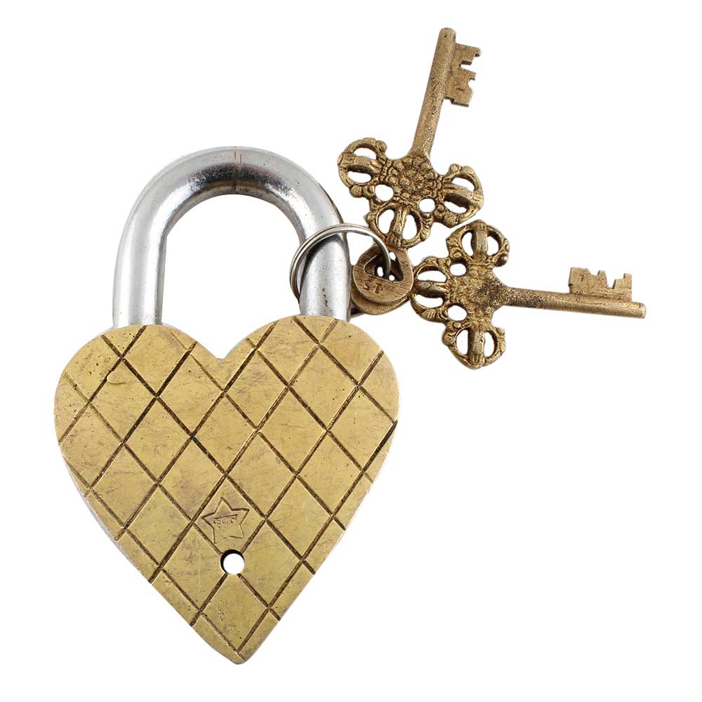 Brass Skull Face Heart Shaped Lock With Skeleton Keys