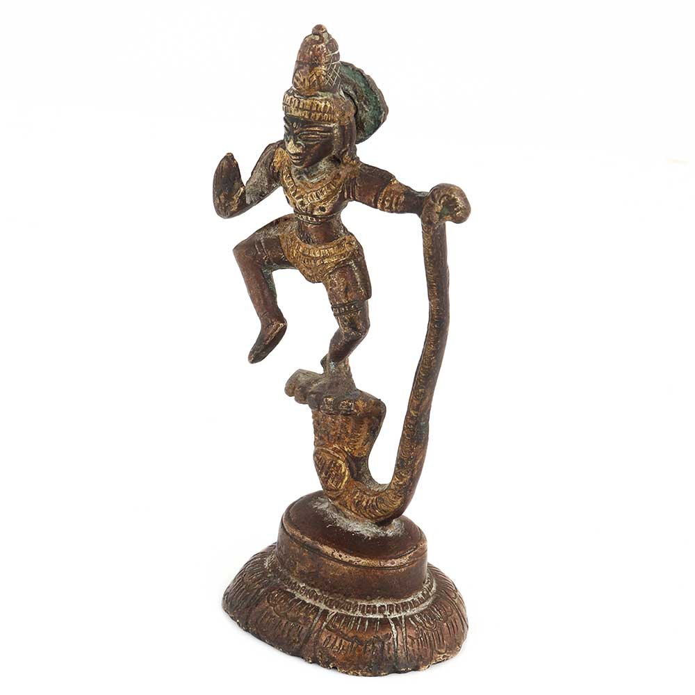 Brass Statue Of Lord Krishna On Serpent Kalia With Gold Finish