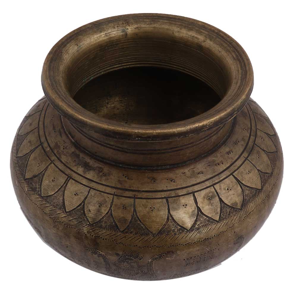 Brass Holy Water Pot With God Image And Floral Border