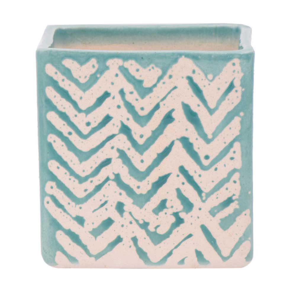 Square Ceramic Pot With Hand painted White And Blue Chevron Zig Zag Pattern