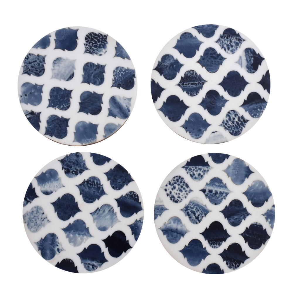 Wooden And Resin Blue Moroccan Pattern Coasters In Set Of 4