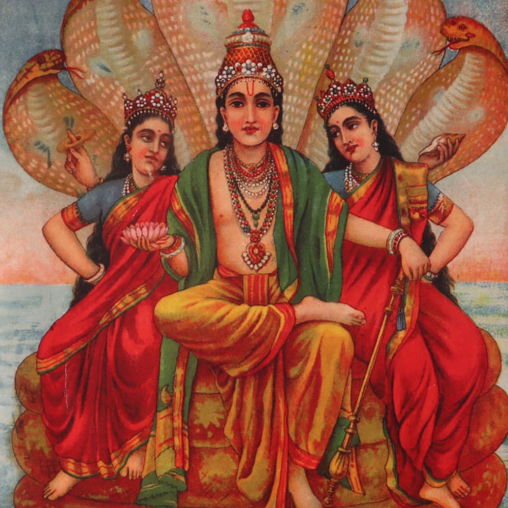 Raja Ravi Varma Vishnu On Shesh Naga Paper Print