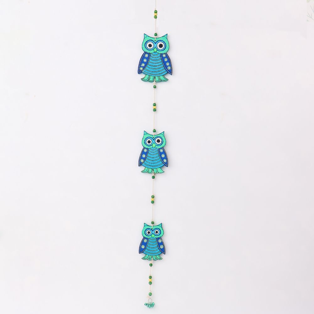 Handmade Wooden Green and Blue Owl Wall Hanging for Home Decor