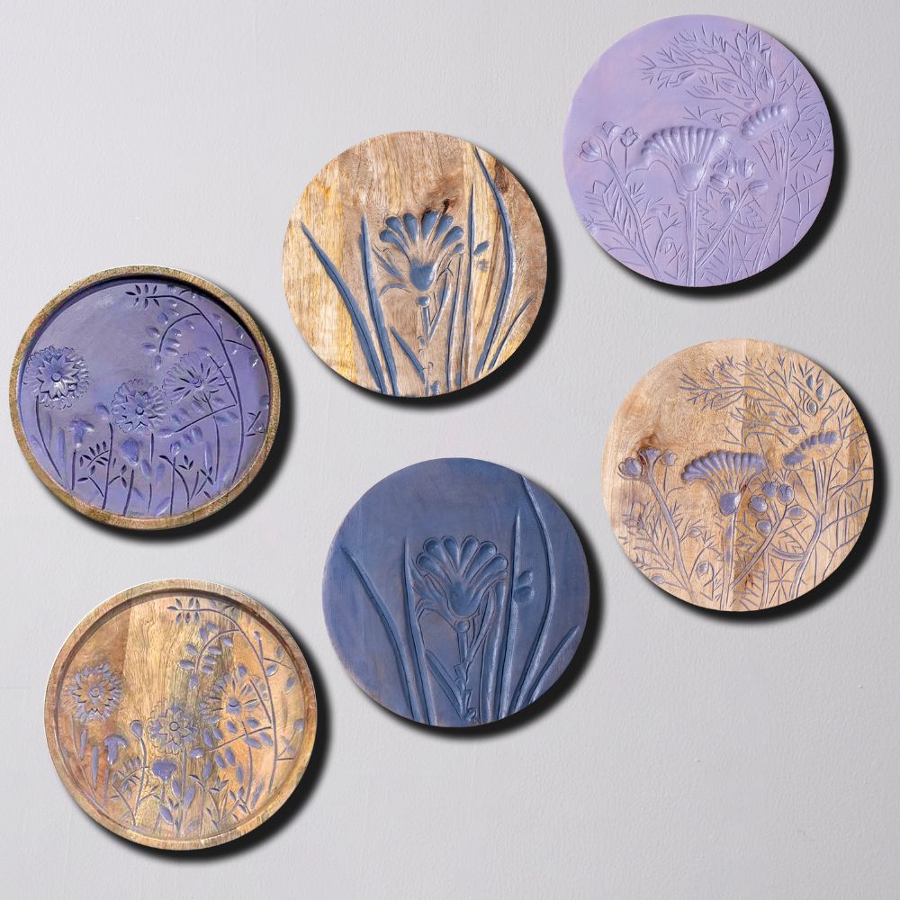 Indianshelf Wooden Lavender Blue Floral Wall Plates Set of 6
