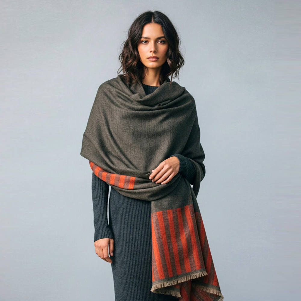 Indianshelf Pure Wool Olive Grey Rust Striped Handwoven Shawl 80"x40"
