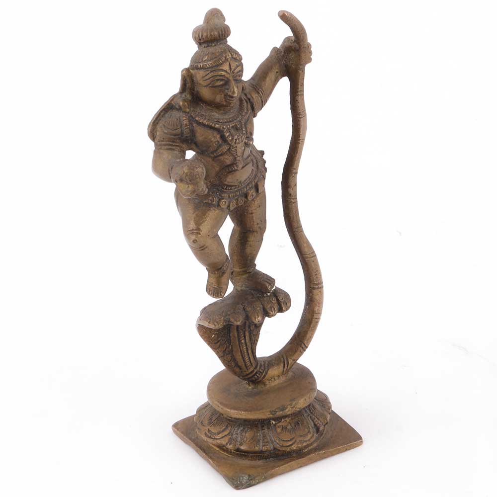 Brass Krishna Standing On Kalia Snake Statue