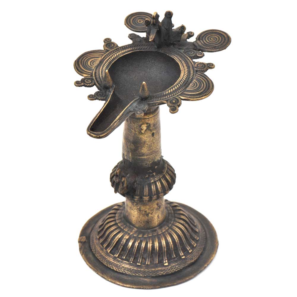 Brass Dhokra oil Lamp/ Samai With Engraved Design And Peacock Figurines