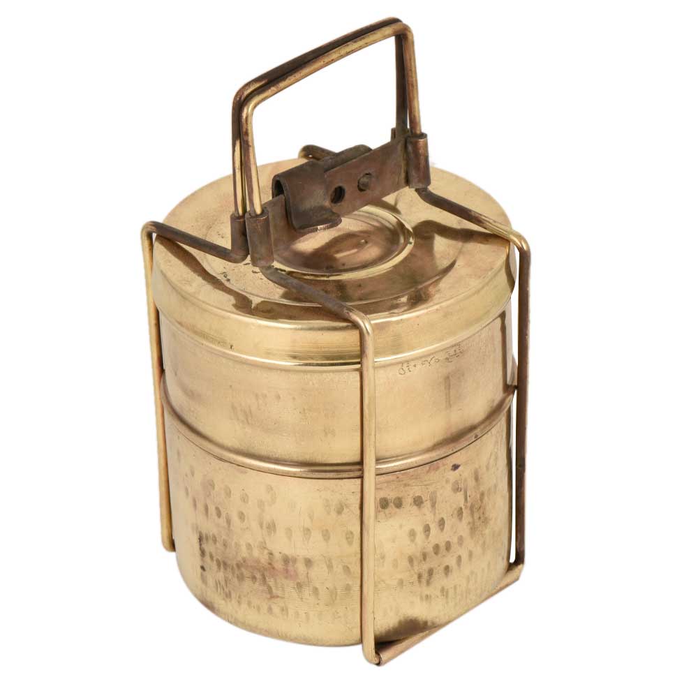 Traditional Brass Tiffin Box With Hammered Two Container Brass Strap Frame