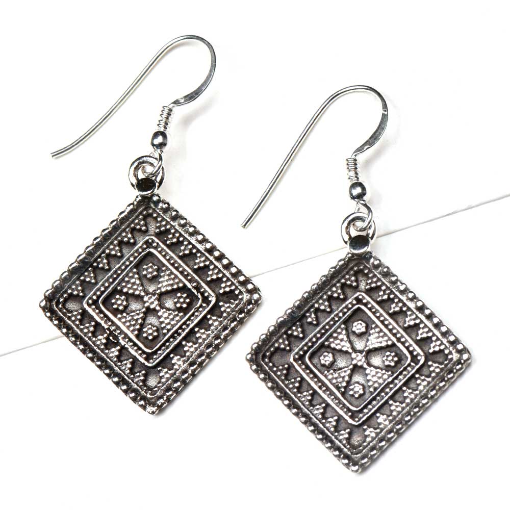 92.5 Sterling Silver Earrings Square Diamond Shape Dangle Earrings