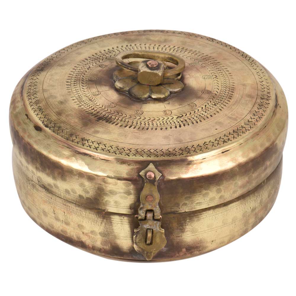 Hammered Brass Round Tiffin Box With Decorative Handle And latch