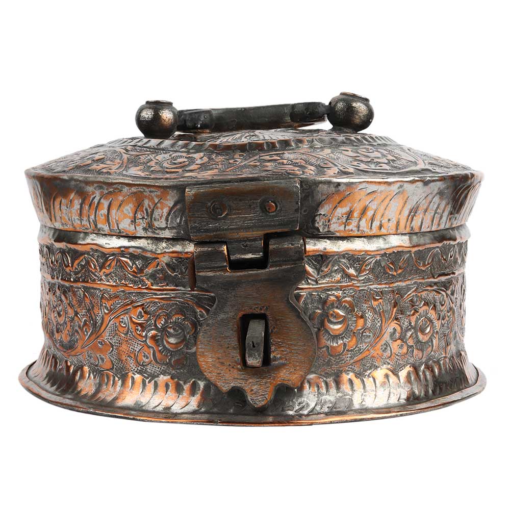 Copper Carved Paan Daan Box With 6 Containers Big Handle And Latch